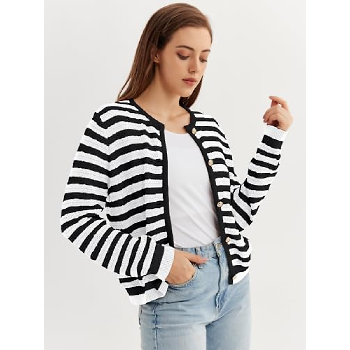 LILLUSORY Women's Cable Knit Cardigan Sweaters 2024 Fall Trendy Open Front Button Up Tweed Blazer Jackets Ladies Chunky Oversized Coat Coatigan Old Money Clothes Cute Outfits White Black L