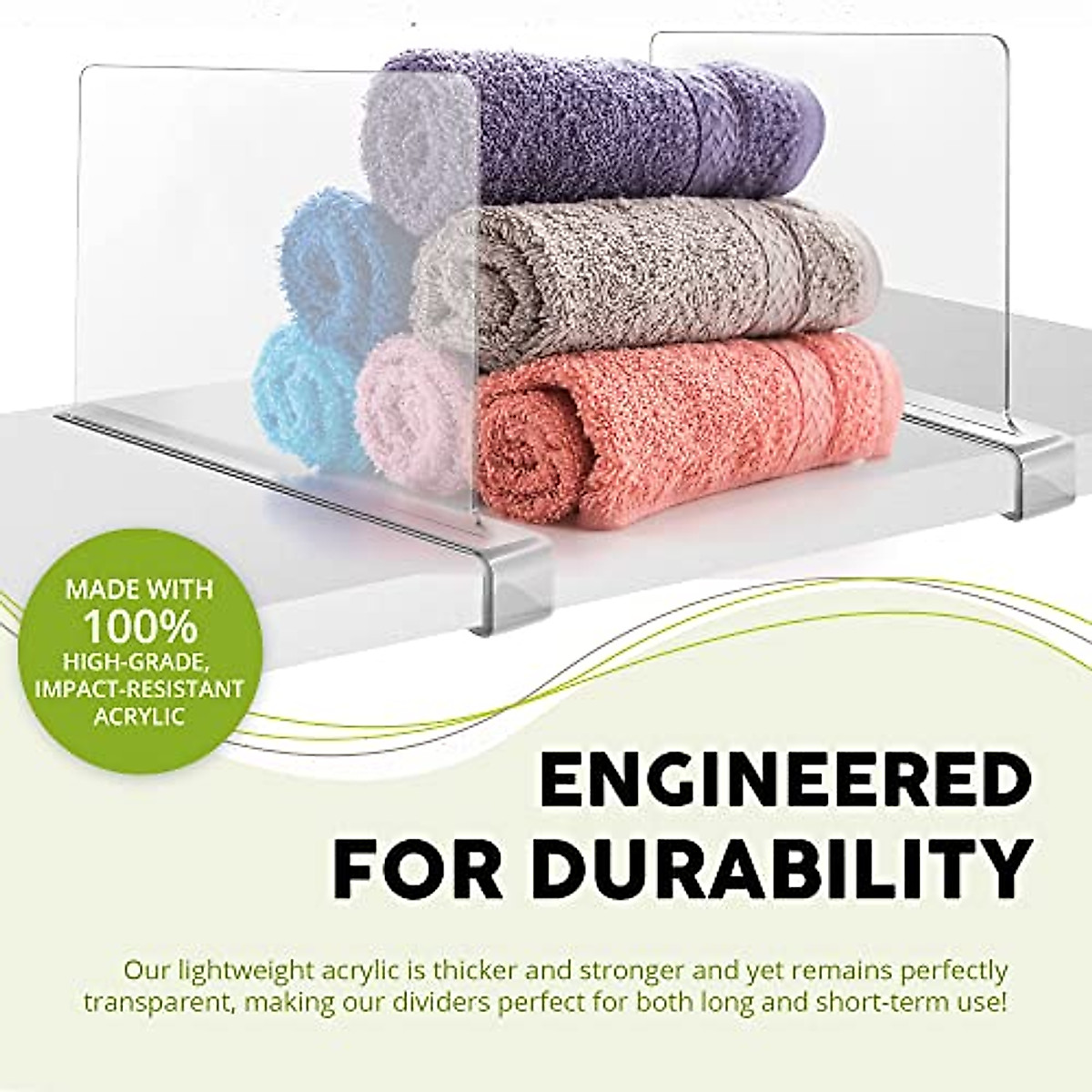 Clear Acrylic Shelf Divider and Organizer- Set of 6- Adjustable Closet Dividers for Shelves - 11" x 8” Shelf Dividers for Wood or Wooden Shelves, Purse Organizer, Sweater Organizer, Book Divider