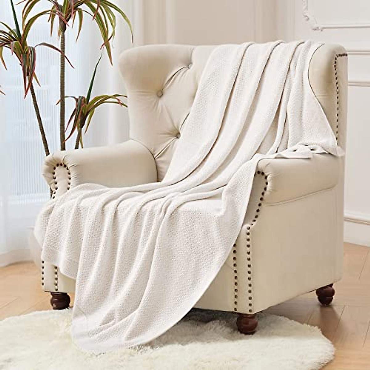 PLEASANT BOULEVARD | Cozy Knitted Throw Knit Blanket, Lightweight Woven Soft Warm Bedspread for Couch Sofa Home Decor and Bed (Beige, Throw(50 x 65in))