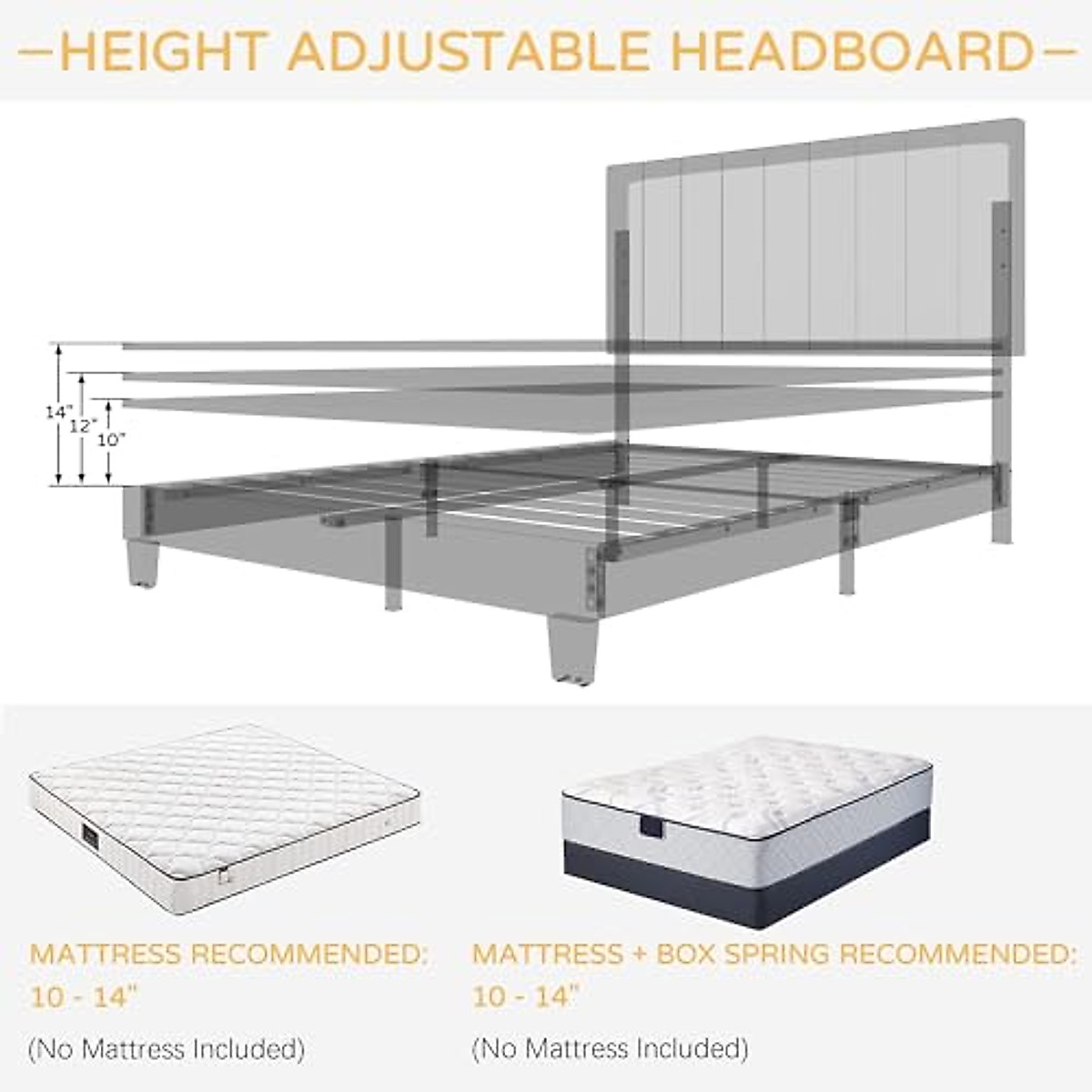 SWISH WEAVERS Queen Bed Frame Upholstered Platform with Adjustable Height Headboard, No Box Spring Needed, Non-Slip and Noise-Free, Easy Assembly Solid Wooden Slats (Light Grey)