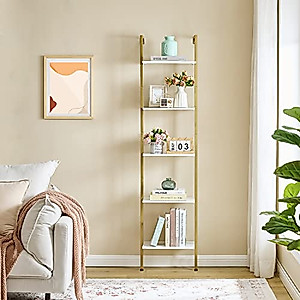 Tajsoon Industrial Bookcase, Ladder Shelf, 5-Tier Wood Wall Mounted Bookshelf with Stable Metal Frame, Open Display Rack, Storage Shelves for Bedroom, Home Office, Plant Flower, White & Gold