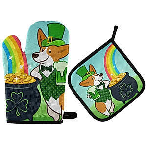 FFYHO St. Patrick's Day Oven Mitts & Pot Holders 2pcs Cute Corgi Dog Kitchen Heat Resistant Non-Slip Potholders Set for Women Cooking Baking BBQ