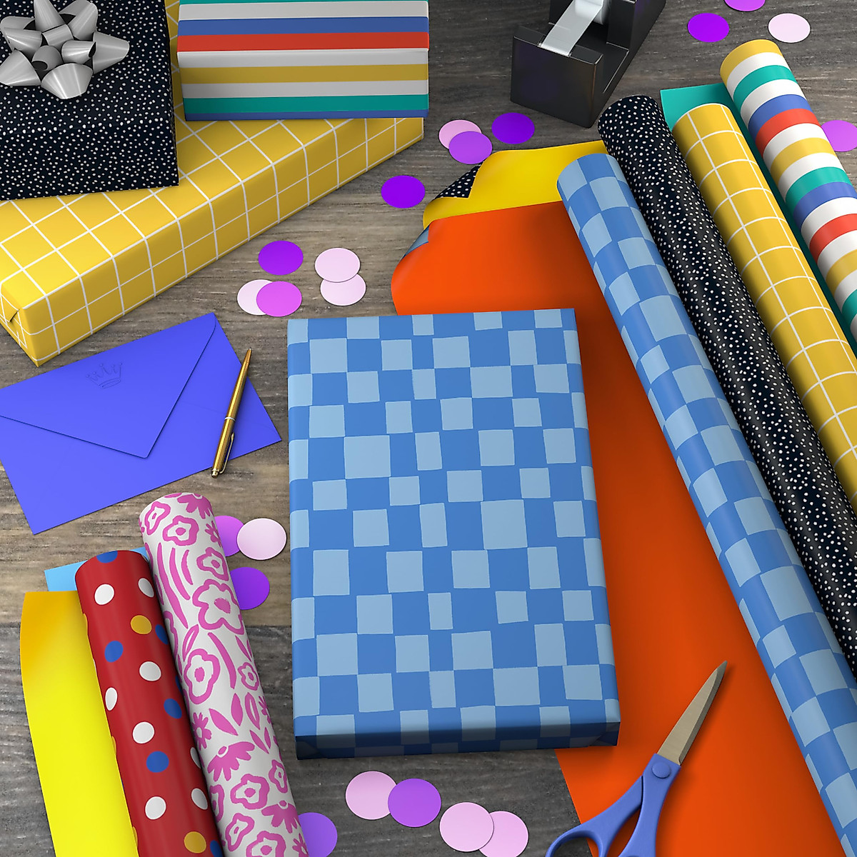 Hallmark Reversible Wrapping Paper Rolls - Solids, Stripes, Polka Dots, Flowers, Gift Wrap Paper (Set of 6 Rolls: 150 sq. ft. ttl.) for Birthday, Christmas, Baby Shower, Graduation, All Occasion