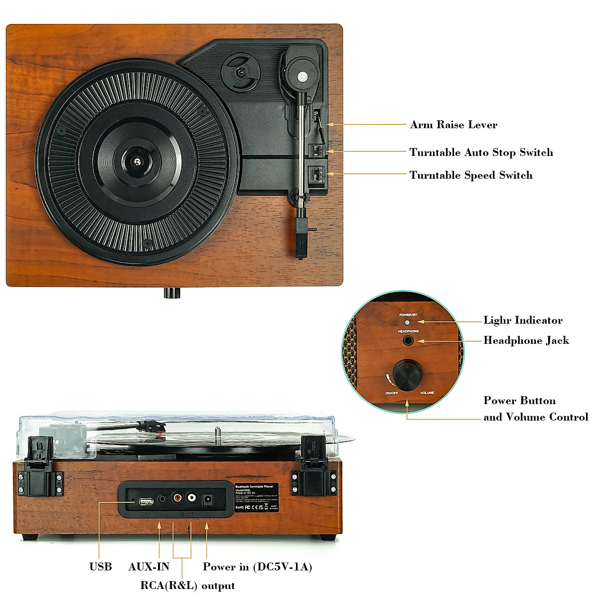 Record Player Bluetooth Turntable for Vinyl with Speakers & USB Player,Vinyl to USB,3 Speed Belt Driven LP Vintage Phonograph for Home Decoration