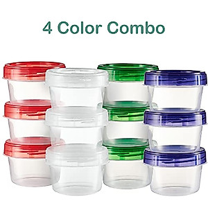 Elegant Disposables Baby Food Storage Containers 12 Pack, 4 ounce Colored Twist on Lids, Plastic, 1/2 Cup Small Freezer Storage Container