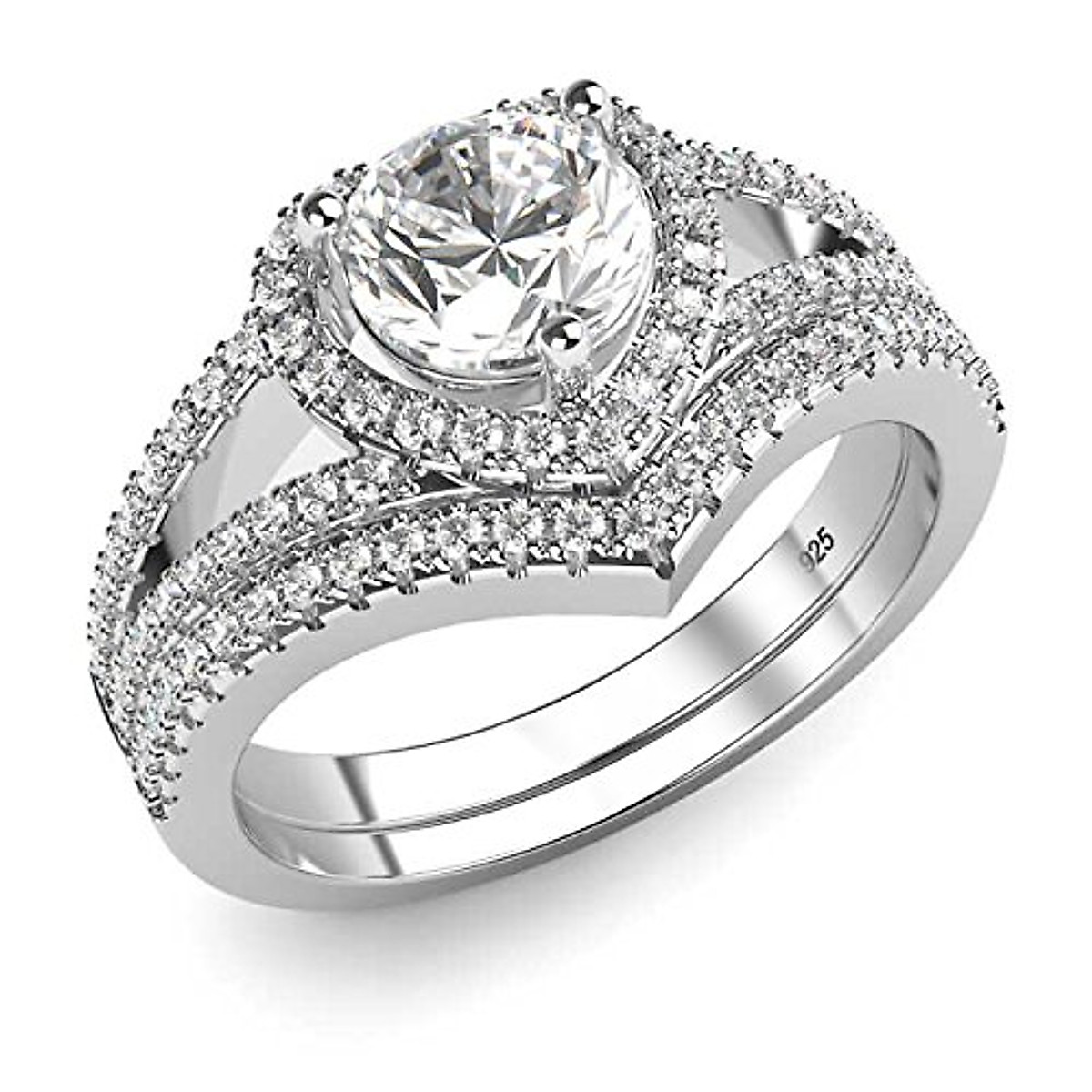 Metal Factory Sz 6 Sterling Silver 925 Cubic Zirconia CZ Heart Engagement Wedding Band Ring 2Pc Set