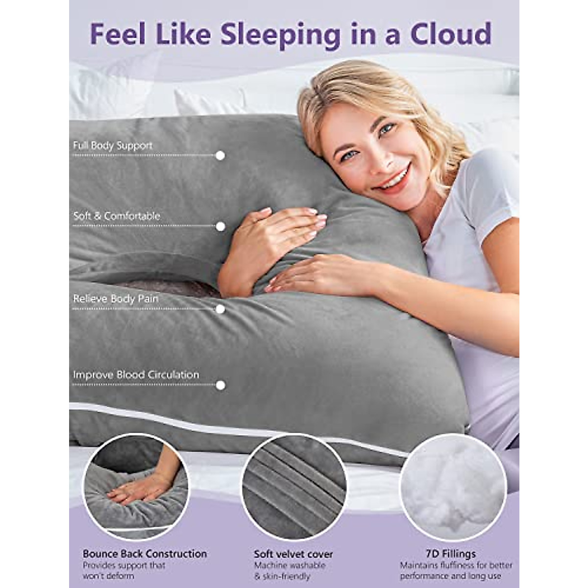 Meiz Pregnancy Pillow, U Shaped Pregnancy Body Pillow with Zipper Removable Cover (Gray- Velvet)