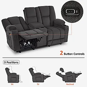 MCombo Fabric Power Loveseat Recliner with Console, Electric Reclining Loveseat Sofa with Heat and Massage, Cup Holders, USB Charge Port for Living Room 6045 (Grey)