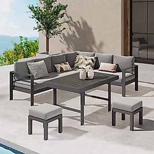 Wisteria Lane Aluminum Outdoor Patio Furniture Set, Metal Outside Patio Furniture Conversation Sets with Dining Table&2 Ottomans, Sectional Sofa Couch Seating Set with Cushion for Backyard