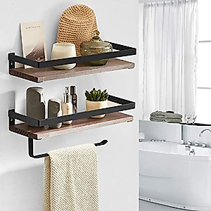 BESy Floating Shelves Wall Mounted Storage Shelves with Towel Rack Rails Bar, Paper Towel Holder with Shelf for Kitchen, Bathroom Tissue Roll Hanger, Matte Black Metal Frame, Set of 2 Brown