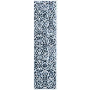 SAFAVIEH Brentwood Collection 2' x 12' Navy / Light Grey BNT860M Floral Damask Ogee Trellis Non-Shedding Living Room Bedroom Runner Rug