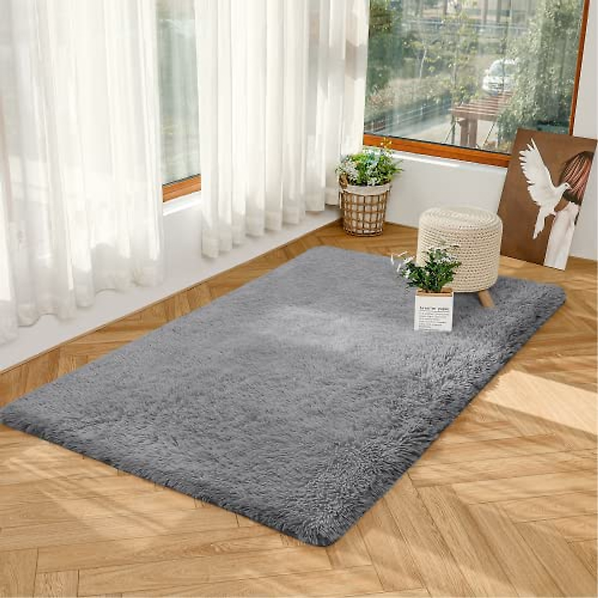 REDASW Soft Shaggy Rugs，4x6 Feet Area Rug，Anti-Skid Fluffy Carpets for Bedroom Living Room, Fuzzy for Kids Baby,Nursery, Dorm Shag Rugs for Girls Boys,Teen's Room,Grey