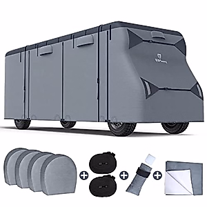 RVMasking 7 Layers top Class C RV Cover Rip-Stop Waterproof Camper Cover Fits 29'1''-32' Motorhome-Anti-UV Windproof Breathable with 4 Tire Covers & Gutter Covers,Gray