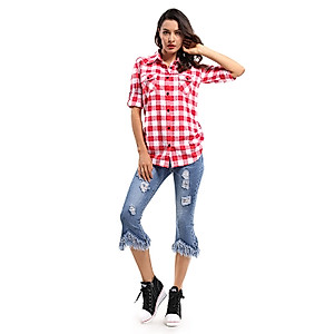 OCHENTA Women's Roll Up Sleeve Button Down Plaid Flannel Shirt Fall Casual Tops M042 Red White M