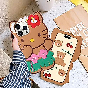 WOLLONY Cat Case 3D Cartoon for iPhone 14 Pro Max Phone Case with Bracelet Chain, Kids Girls Women Cool Fun Cute Kawaii Animal Cases Soft Silicone Funny Character Unique Protective Cover, Brown/Pink