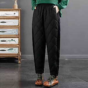 Women Quilted Pants Winter Warm Cotton Pants Elastic Waist Plus Size Outdoor Trousers Thicken Down Pants with Pockets