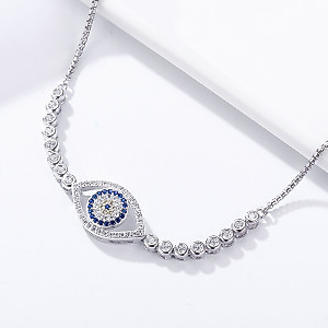 BISAER 925 Sterling Silver Blue Evil Eye Bracelet with Cubic Zirconia Adjustable Chain Bracelets for Women