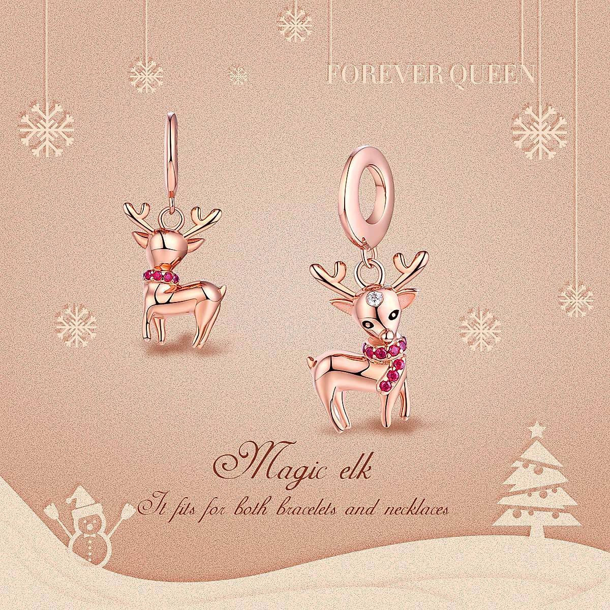 Reindeer Dangle Charm fit for Pandora Charms Bracelets 925 Sterling Silver with Cubic Zirconia Rose Gold Plated Christmas Gift Jewelry for Women and