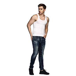 Odoland Men's Body Shaper Slimming Shirt Tummy Vest Thermal Compression Base Layer Slim Muscle Tank Top Shapewear, White, L