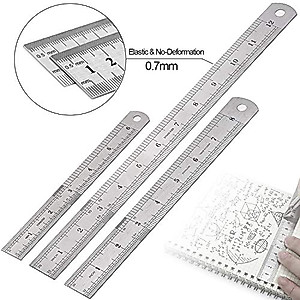 Elisel 3 PCS Stainless Steel Ruler Set with Inch and Metric Graduation, 12 Inch, 8 Inch and 6 Inch(Silvery)