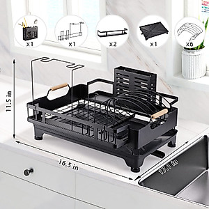 KIBEE Large Dish Drying Rack Drainboard Set,Rustproof Stainless Steel Dish Rack with Utensil Holder,Wine Glass Holder,Dish Drainers for Kitchen Counter (Black)