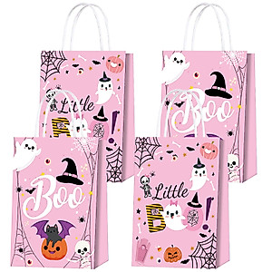 HABDJILTY 20PCS Pink Halloween Party Gift Bags,Little Boo Halloween Candy Treat Bags with Tissue Paper for Boo Theme Birthday Baby Shower Party Favor Supplies Gifts.