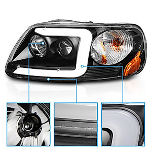 AmeriLite for 1997-2003 Ford F150 97-2002 Expedition Pickup Truck LED Tube Black Projector Replacement Headlights Set - Driver and Passenger Side