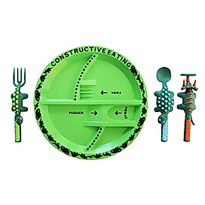 Constructive Eating Plate and Utensils Set Dinosaur - Made in USA - Toddler Dinnerware, Kids Dinnerware and Utensils Set for Ages 1-3, Toddler Utensils 2 and 3 Year Old, Divided Toddler Plates