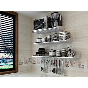 Mecete 304 Stainless Steel Standard Wall Shelf, Cookware Storage Organizer, Kitchen Wall Pot Pan Rack,With 6 Hooks, Capacity 200 lb (23.5" x 14") suitable for Electric Oven, Microwave oven