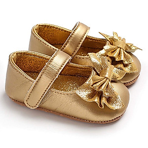 BABITINA Baby Girl Shoes Mary Jane Flats with Bowknot Non-Slip Toddler First Walkers Infant Dress Shoes(6-12 Months M US Infant,A-Gold)