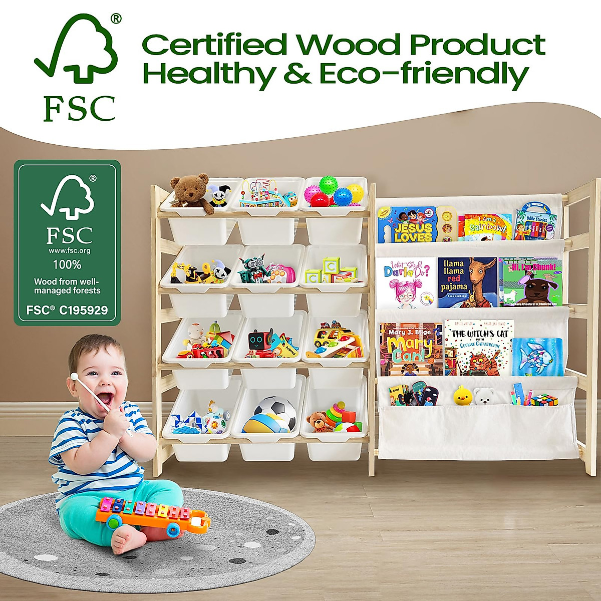 EXPERLAM Toy Storage Organizer with Bookshelf - 12 Storage Bins 4-Tier Multipurpose Shelf to Organize Toys and Books for Kids Room, Playroom, Nursery Room, White