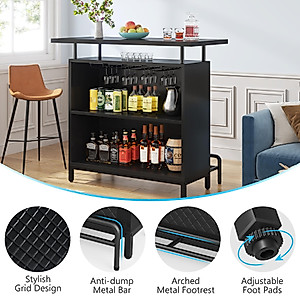 LITTLE TREE 47 Inches PU Leather Home Bar Table Unit Liquor Cabinet Glasses Holder and Metal Footrest,Wine Rack for Kitchen Living Room, 2-Tier, Black