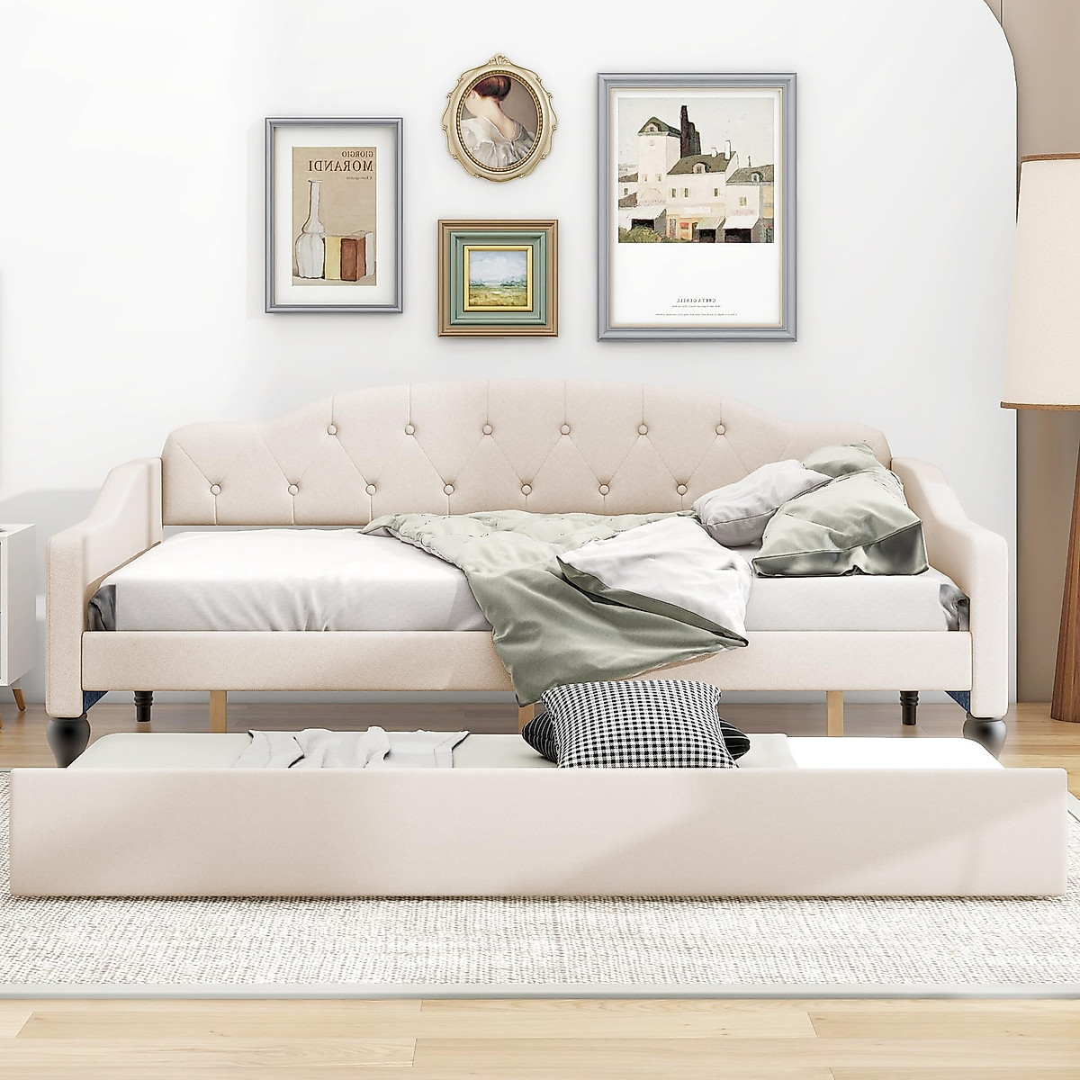 Upholstered Full Daybed with Twin Size Trundle, Full Size Daybed Frame with Button Tufted and Wingback Design, Wooden Full Sofa Bed for Livingroom Bedroom, No Box Spring Needed,Beige