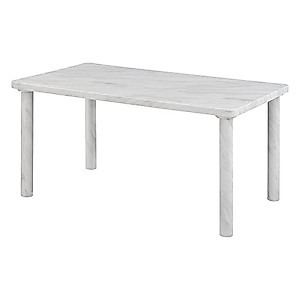 Goohome 6-Piece Kitchen Dining Set, Mid-Century Marble Veneer Table, 4 Flannelette Upholstered Chairs and Bench Family Furniture, for Home, Apartment, White+Gray