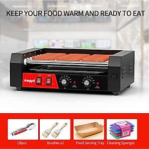 Awgpd Hot Dog Roller 5 Rollers 12 Hot Dogs Capacity, 750W Stainless Sausage Grill Cooker Machine with Dual Temp Control,Removable Drip Tray for Party Home Commercial (5 Roller)