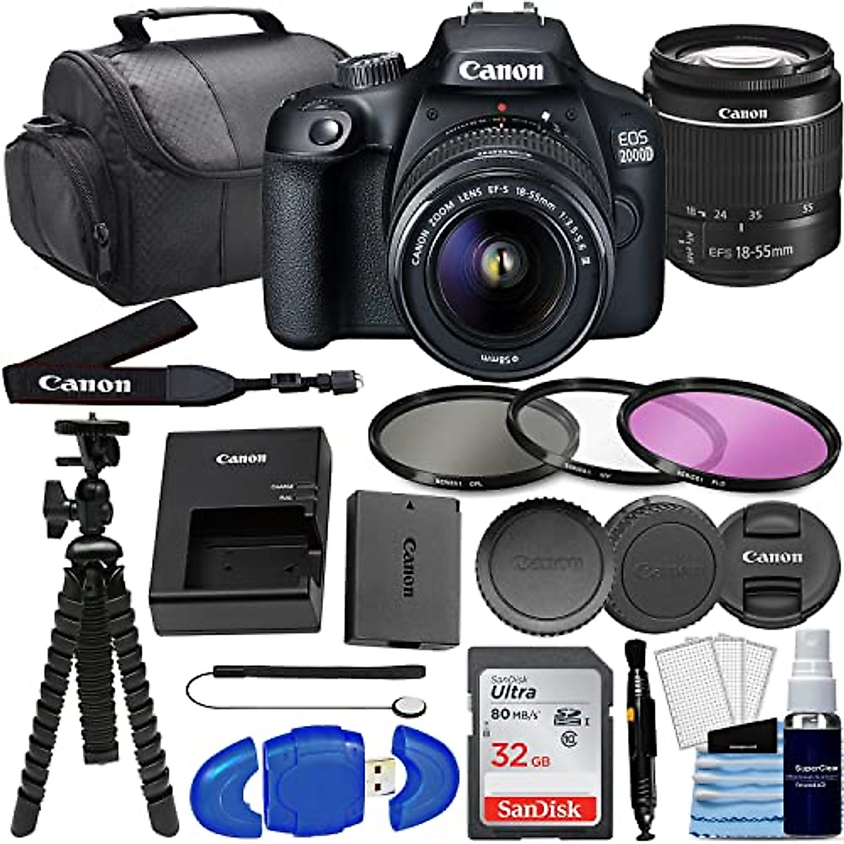 Camera EOS 2000D DSLR W/ 18-55mm Zoom Lens Bundle with 32GB Memory, 3PC Filter Kit, Case, Flex Tripod, Photo Kit (27 Pieces)