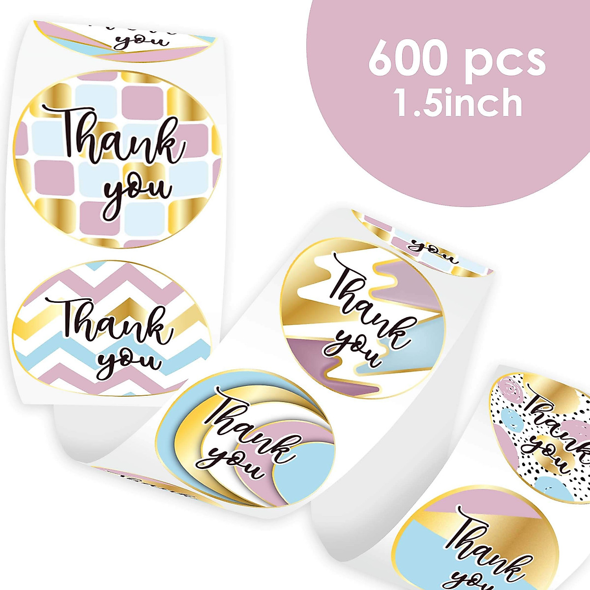 EL Nido 600pcs 1.5" Thank You Stickers / 8 Different Designs with Gold Foil / 600 Thank You Stickers Per Roll/Roll Sticker Supplies for Business Packaging (8 Design Roll Stickers, 600pcs)