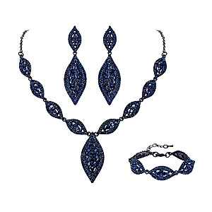 Flyonce Wedding Jewelry Set Rhinestone Crystal Bridal Leaf Necklace Drop Dangle Chandelier Earrings Set Navy Blue