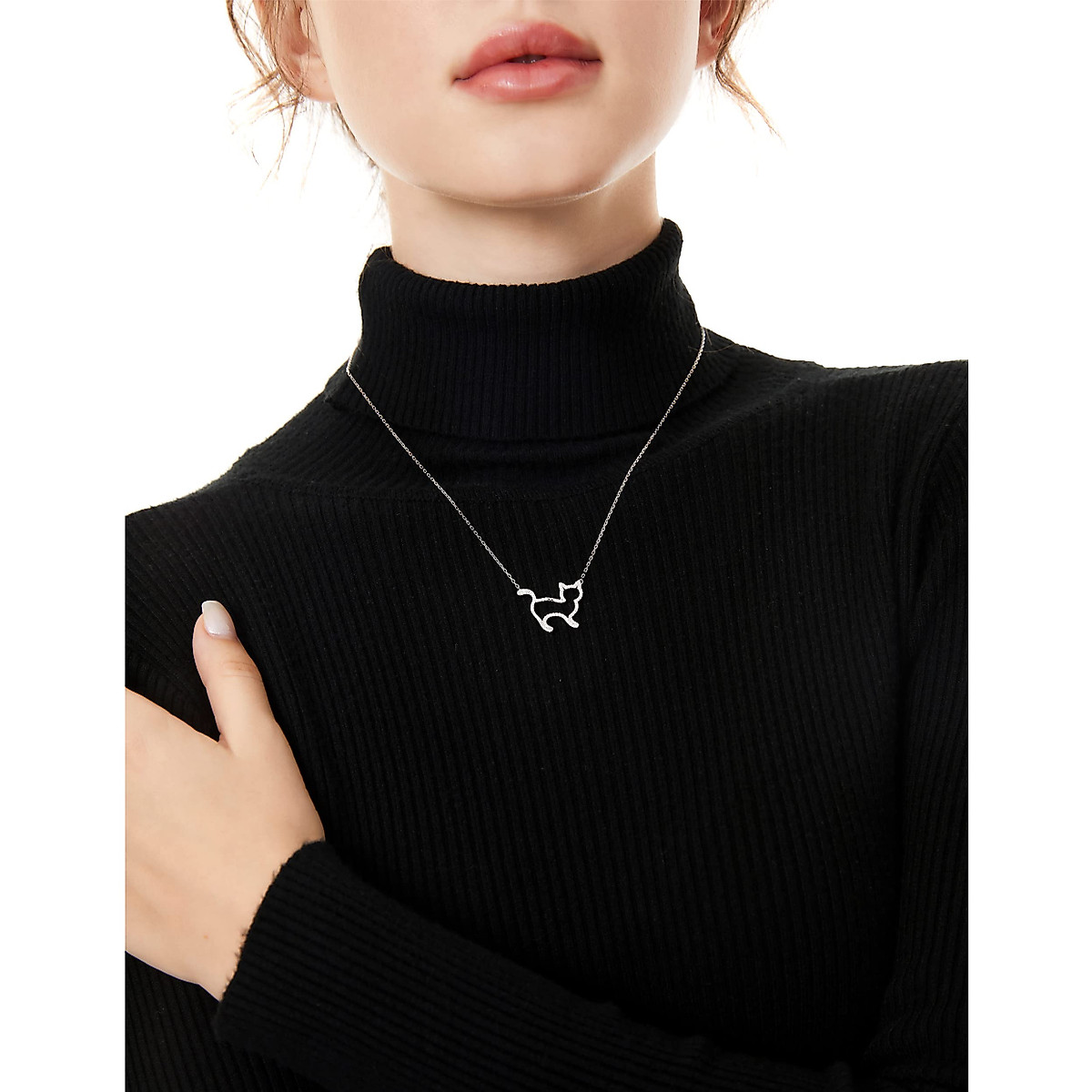 Sterling Silver Cat Necklace for Women, White Gold-Plated Cubic Zirconia Pendant Necklace, Silver Necklace for Women, Necklace for Teen Girls, Christmas Birthday Party Jewelry Gift for Women