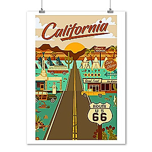 California, Route 66, Geometric (9x12 Wall Art Print, Home Decor)