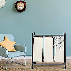 3-Bag Laundry Hamper Sorter Black 3 Section Rolling Dirty Clothing Organizer Cart, Triple Laundry Basket with Heavy Duty Lockable Wheels and Three Removable Laundry Bags, for Bathroom Living Room