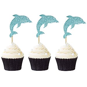 Pack of 24 Glitter Blue Dolphin Cupcake Toppers Sea Theme Cupcake Picks Baby Shower Birthday Party Decoration Supplies