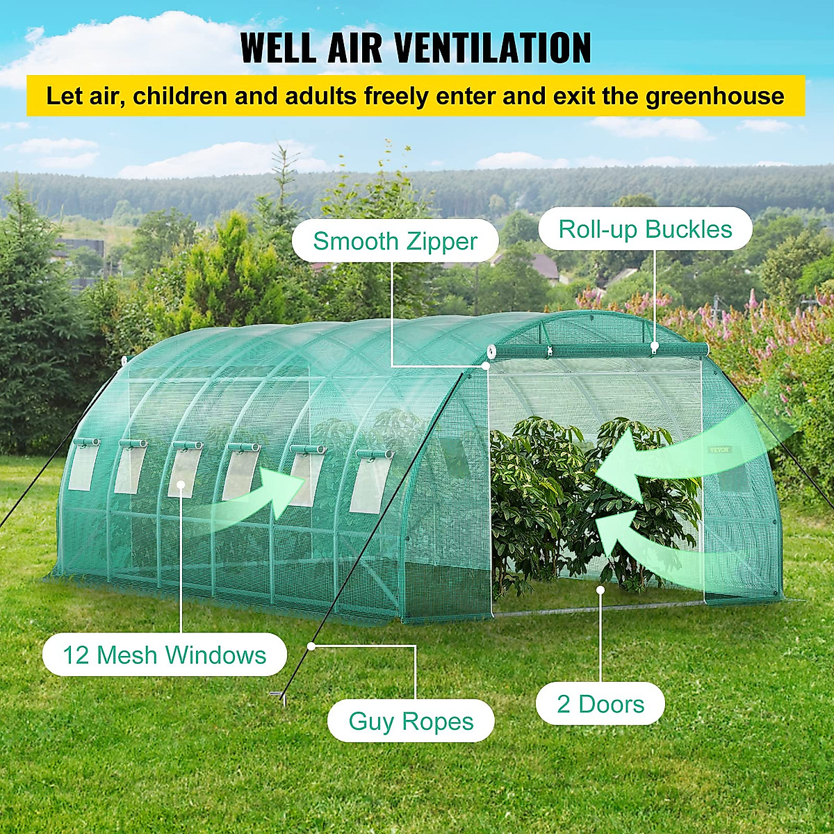VEVOR Walk-in Tunnel Greenhouse, 20 x 10 x 7 ft Portable Plant Hot House w/Zippered Door, 12 Roll-up Windows, Galvanized Steel Hoops, 3 Top Beam, and 4 Diagonal Poles, Green