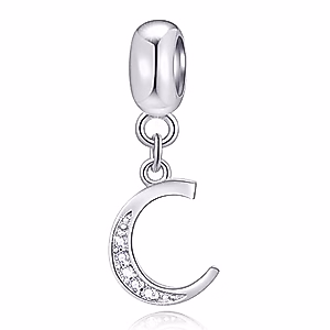 Letter C Charms Initial C Alphabet Pendant Beads, 925 Sterling Silver Letra Charm Dangle with CZ, fit Pandora Christmas Bangle Bracelet, Gifts for Cousin/Chanukah/Cinderella