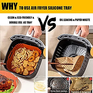 2Pcs Silicone Air Fryer Liners, ZSTea 8.5 Inches Square Air Fryer Silicone Basket Bowl Reusable Baking Tray Oven Air Fryer Accessories for 3 to 8 QT - Non-stick & Food-grade (Pink + Gray)