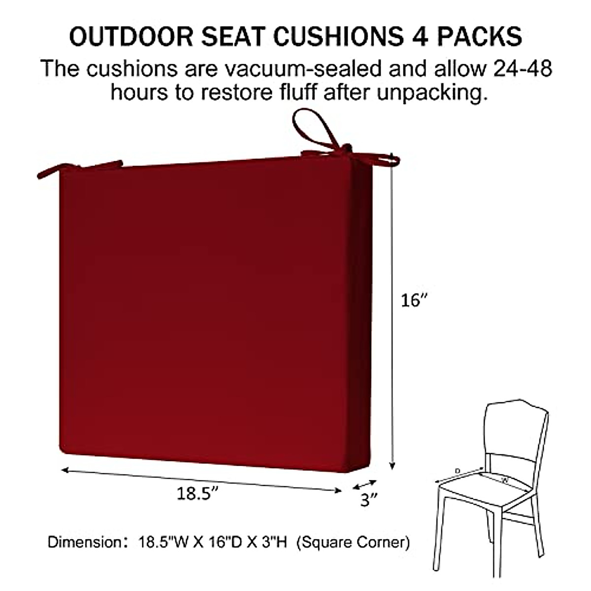 downluxe Outdoor Chair Cushions, Waterproof Square Corner Memory Foam Seat Cushions with Ties for Garden Patio Funiture, 18.5" x 16" x 3", Burgundy, 4 Pack