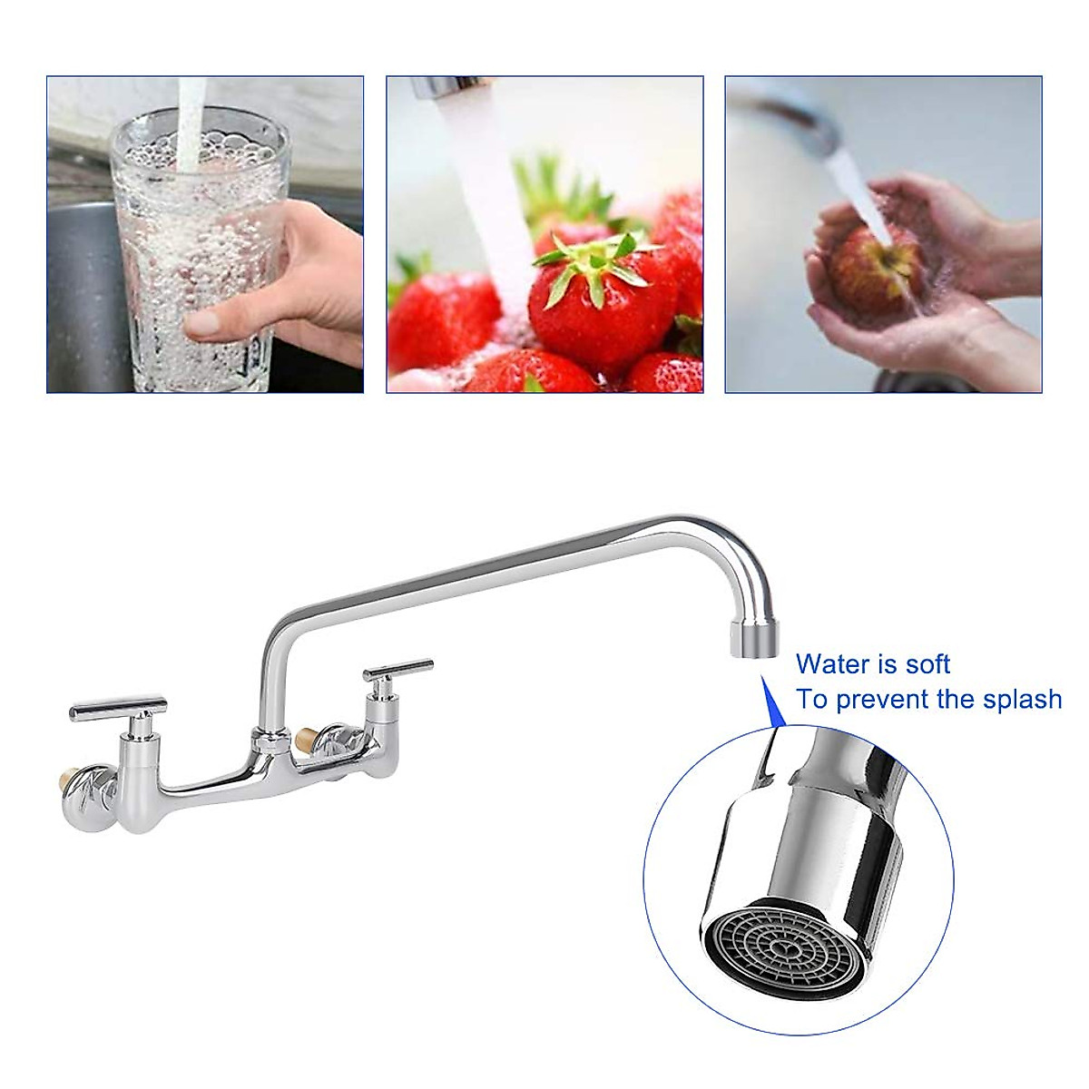 XIUBE Wall Mount Kitchen Sink Faucet with 14 inch Swivel Spout 8 Inch Center Commercial Sink Faucet for Compartment prep and Backsplash Mount Restaurant Sink 2-Handles Faucet Chrome Finish