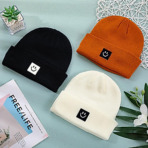 Mepase 3 Pcs Baby Smile Face Beanie Cap Beanie Knit Hats for Toddler Kids Beanie Caps Smile Face Embroidered Soft Winter Hats (US, Age, 6 Months, 36 Months, Black, White and Caramel)