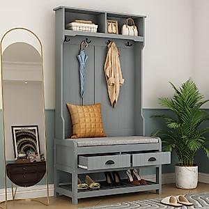Homsee Modern Hall Tree with Storage Bench, 4-in-1 Entryway Bench with Coat Rack, Tall Hall Tree with 4 Metal Double Hooks, Shelves & 2 Drawers for Hallway, Living Room, Grey