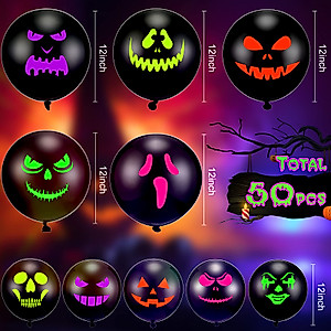 Halloween Balloons Decorations, 50 Pieces Halloween Neon Glow Ghost Balloons 12 Inch Black Light Reactive Fluorescent Latex Balloons Glow in the Dark Halloween Expression Balloons for Party Decoration